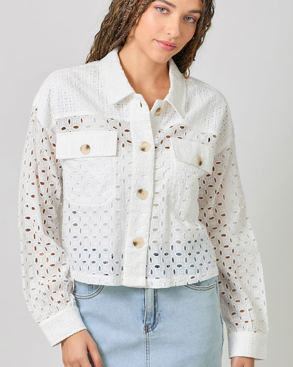 Button Down Eyelet Jacket [Off White-61096] Ooh La La Boutique MN ...